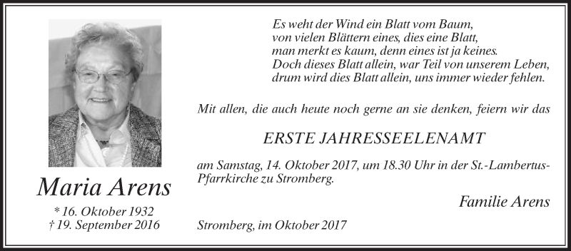 Traueranzeigen von Maria Arens | trauer.die-glocke.de
