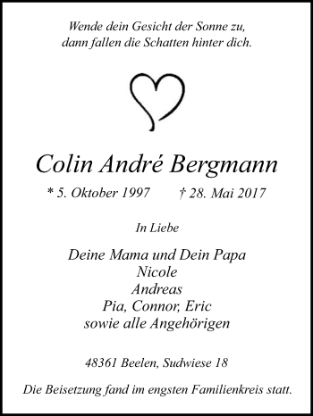 Traueranzeigen von Colin André Bergmann | trauer.die-glocke.de