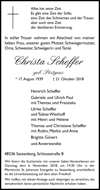 Traueranzeigen von Christa Scheffer | trauer.die-glocke.de