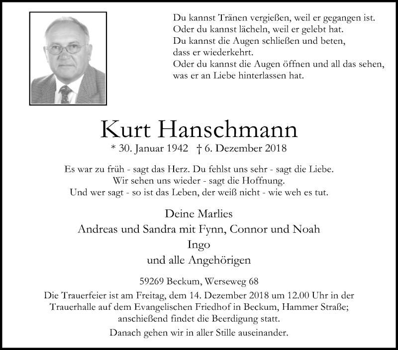 Traueranzeigen von Kurt Hanschmann | trauer.die-glocke.de