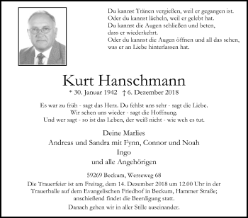 Traueranzeigen von Kurt Hanschmann | trauer.die-glocke.de