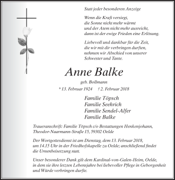Traueranzeigen von Anne Balke | trauer.die-glocke.de
