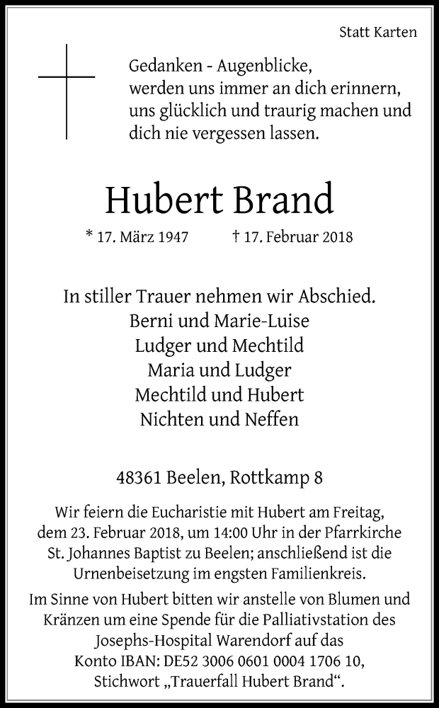 Traueranzeigen von Hubert Brand | trauer.die-glocke.de