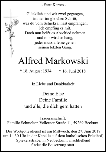 Traueranzeigen von Alfred Markowski | trauer.die-glocke.de