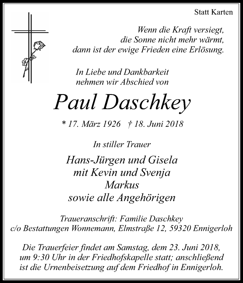 Traueranzeigen von Paul Daschkey | trauer.die-glocke.de