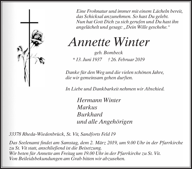 Traueranzeigen von Annette Winter | trauer.die-glocke.de