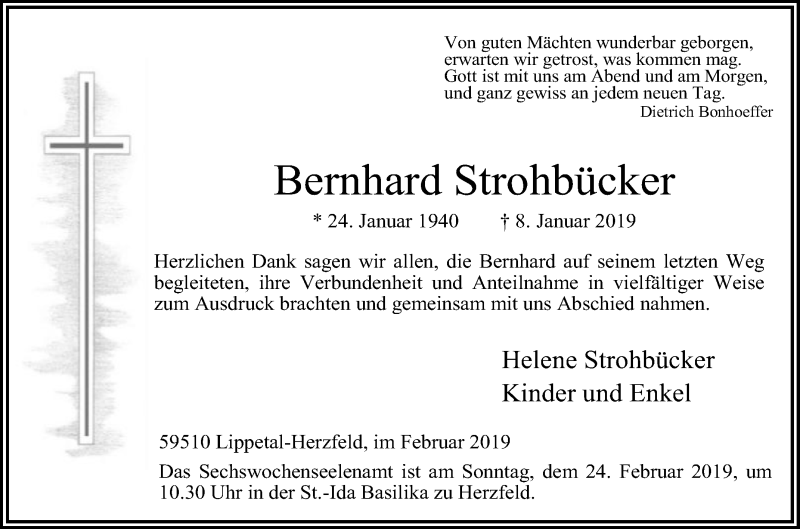 Traueranzeigen von Bernhard Strohbücker | trauer.die-glocke.de