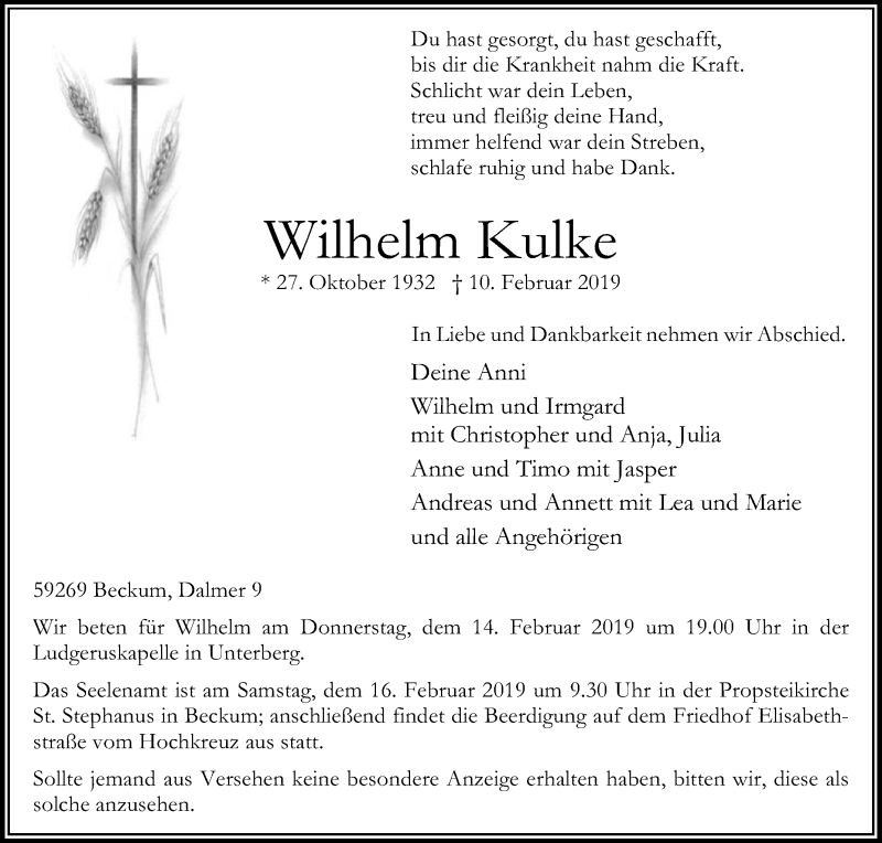 Traueranzeigen von Wilhelm Kulke | trauer.die-glocke.de