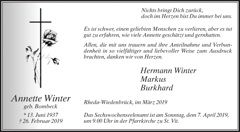 Traueranzeigen von Annette Winter | trauer.die-glocke.de