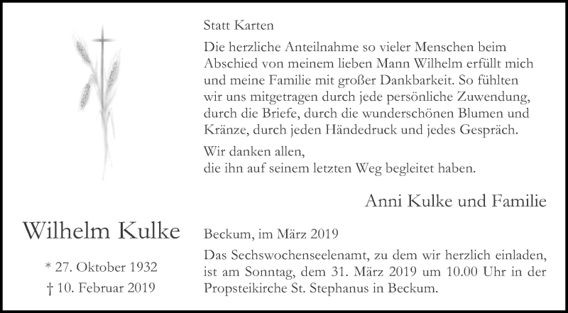 Traueranzeigen von Wilhelm Kulke | trauer.die-glocke.de