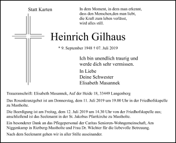 Traueranzeigen von Heinrich Gilhaus | trauer.die-glocke.de