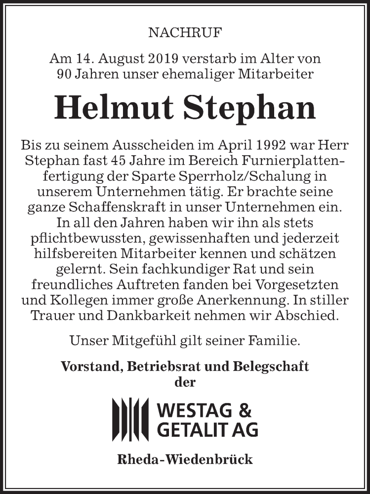 Traueranzeigen von Helmut Stephan | trauer.die-glocke.de