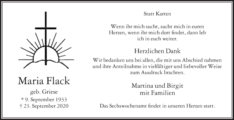 Traueranzeigen von Maria Flack | trauer.die-glocke.de