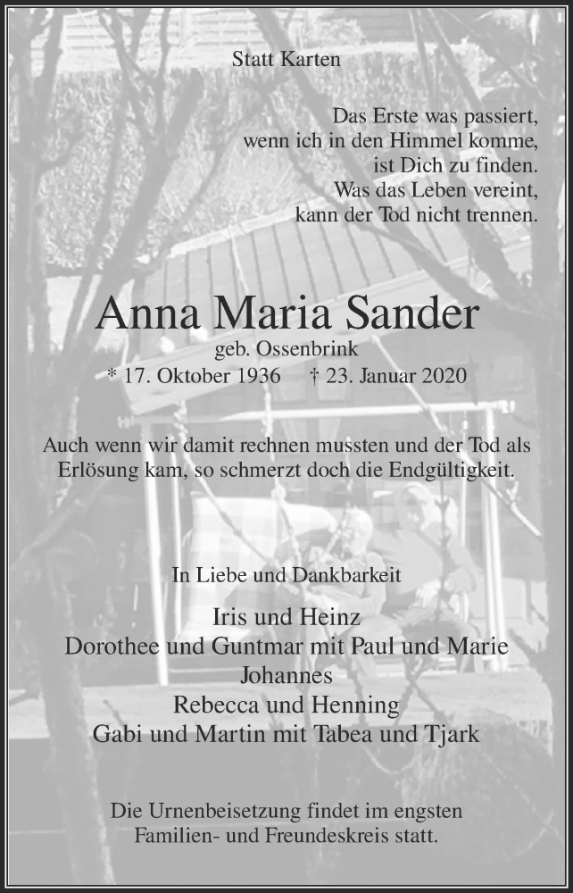 Traueranzeigen von Anna Maria Sander | trauer.die-glocke.de