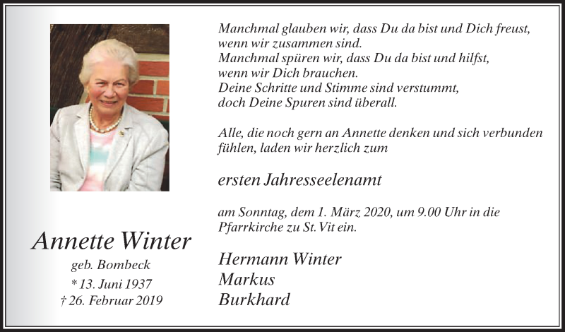 Traueranzeigen von Annette Winter | trauer.die-glocke.de