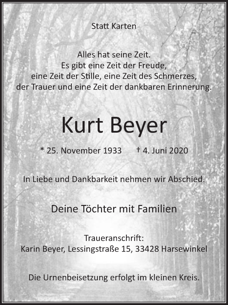 Traueranzeigen von Kurt Beyer | trauer.die-glocke.de