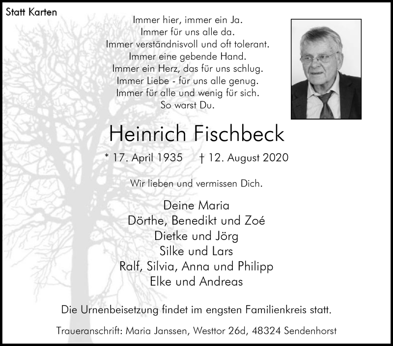 Traueranzeigen von Heinrich Fischbeck | trauer.die-glocke.de