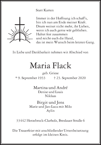 Traueranzeigen von Maria Flack | trauer.die-glocke.de