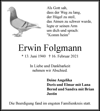 Traueranzeigen von Erwin Folgmann | trauer.die-glocke.de