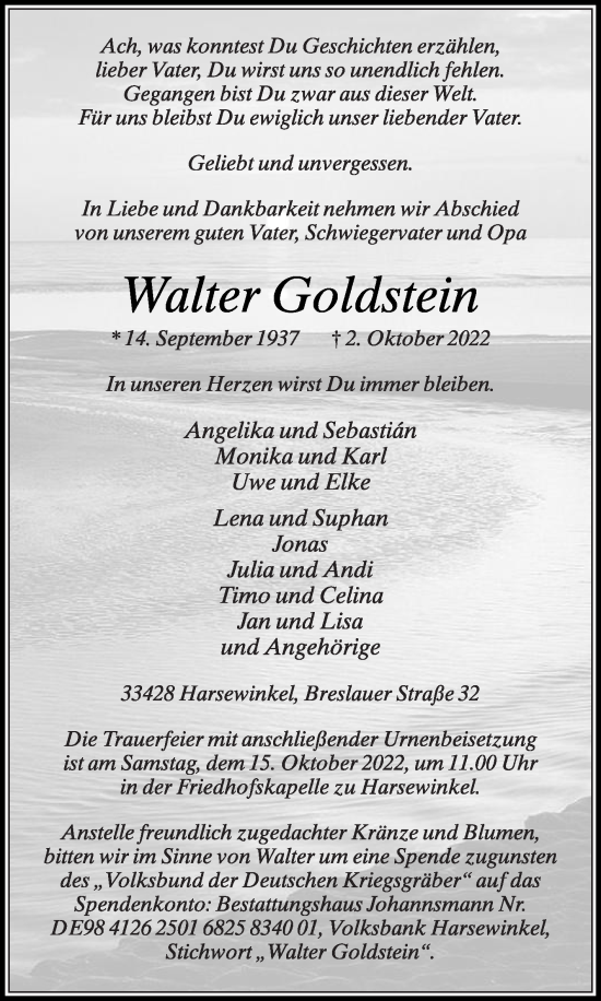Traueranzeigen von Walter Goldstein | trauer.die-glocke.de