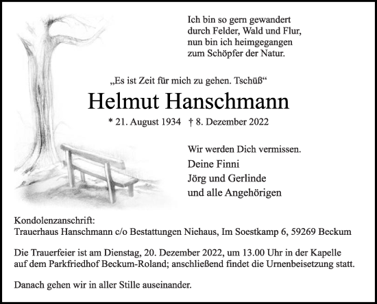 Traueranzeigen von Helmut Hanschmann | trauer.die-glocke.de