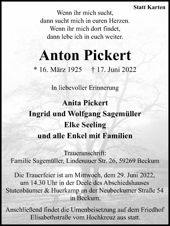 Traueranzeigen von Anton Pickert | trauer.die-glocke.de