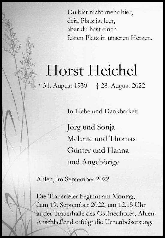 Traueranzeigen von Horst Heichel | trauer.die-glocke.de