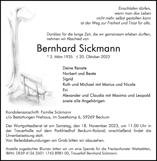 Traueranzeigen von Bernhard Sickmann | trauer.die-glocke.de