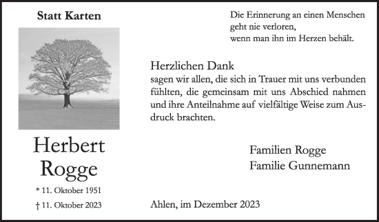 Traueranzeigen von Herbert Rogge | trauer.die-glocke.de