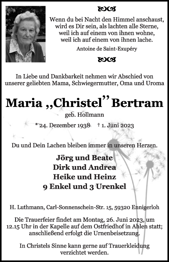 Traueranzeigen von Maria Bertram | trauer.die-glocke.de