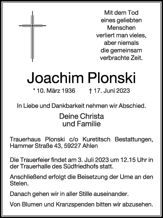 Traueranzeigen von Joachim Plonski | trauer.die-glocke.de
