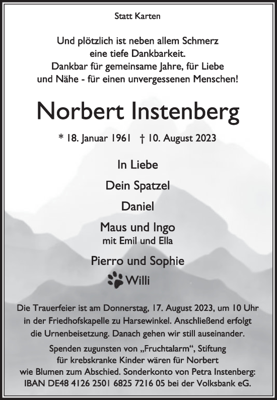 Traueranzeigen von Norbert Instenberg | trauer.die-glocke.de