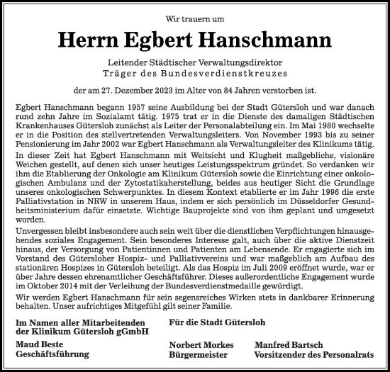 Traueranzeigen von Egbert Hanschmann | trauer.die-glocke.de