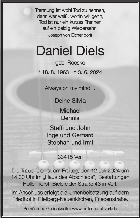 Traueranzeigen von Daniel Diels | trauer.die-glocke.de