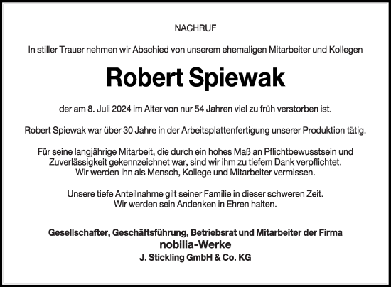 Traueranzeigen von Robert Spiewak | trauer.die-glocke.de