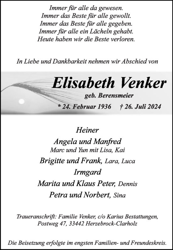 Traueranzeigen von Elisabeth Venker | trauer.die-glocke.de