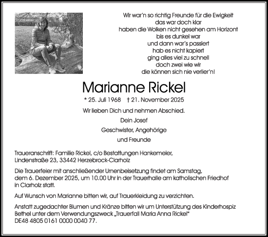 Traueranzeigen von Marianne Rickel | trauer.die-glocke.de