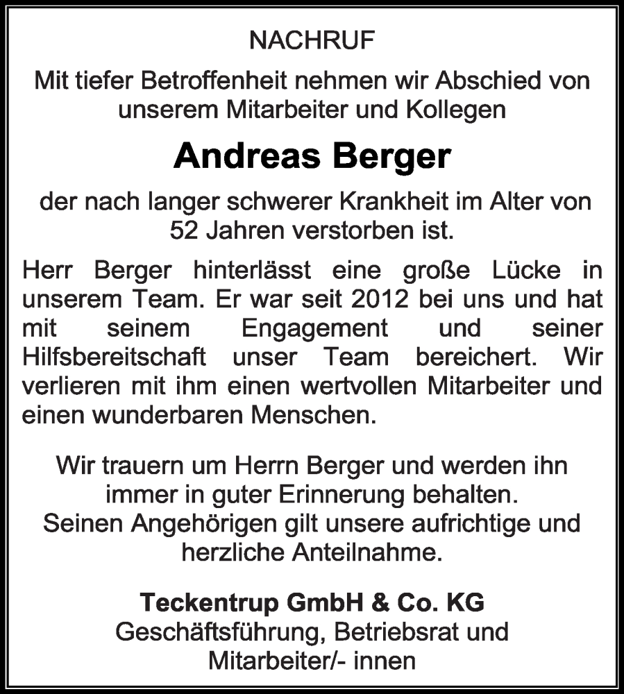Traueranzeigen von Andreas Berger | trauer.die-glocke.de