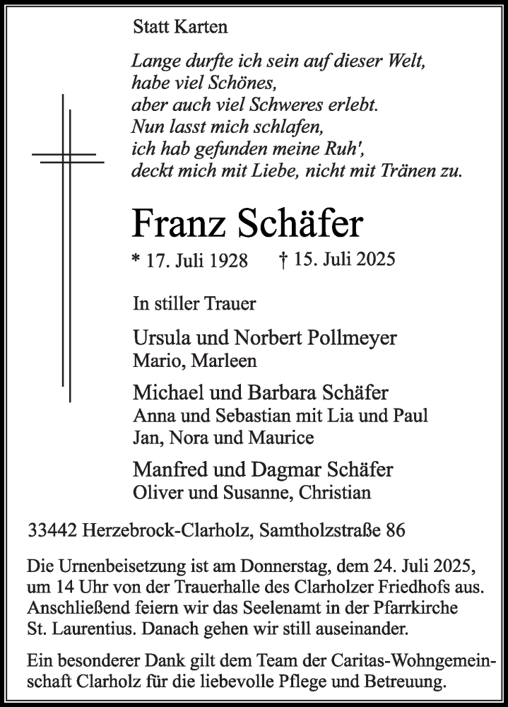 Traueranzeigen von Franz Schäfer | trauer.die-glocke.de