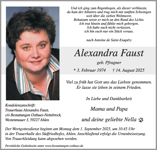 Traueranzeigen von Alexandra Faust | trauer.die-glocke.de